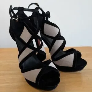 SHEIN | Shoes | Shein Womens 4 Black White Strappy Velvet High Heels ...